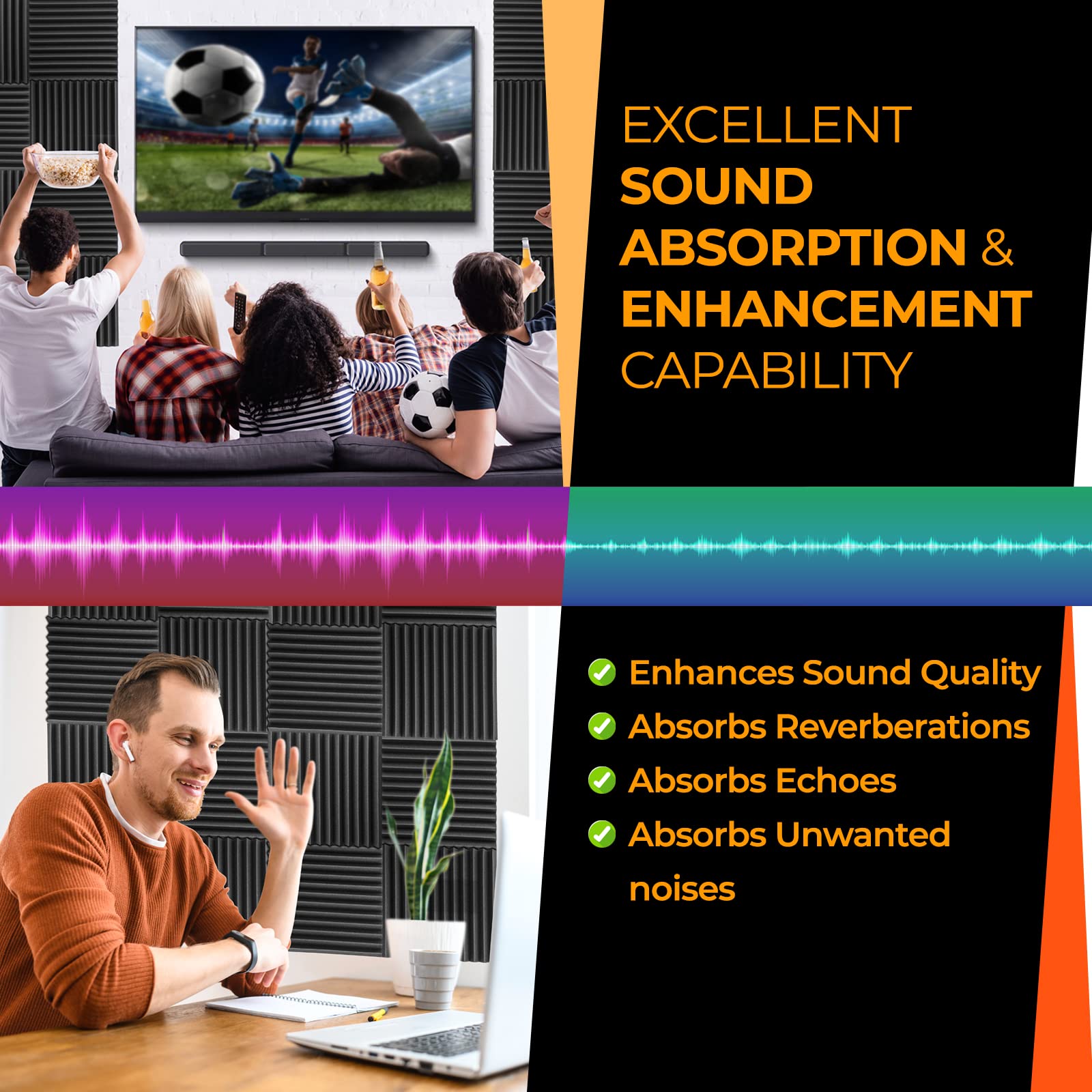 DECOLURE 12 Pack Acoustic Panels - Extra Thick 2" x 12" x 12" Acoustic Foam Sound Insulation - High Density Sound Absorbing/Dampening Panels Foam for Wall Home, Studio and Office - Fire Proof (Black)
