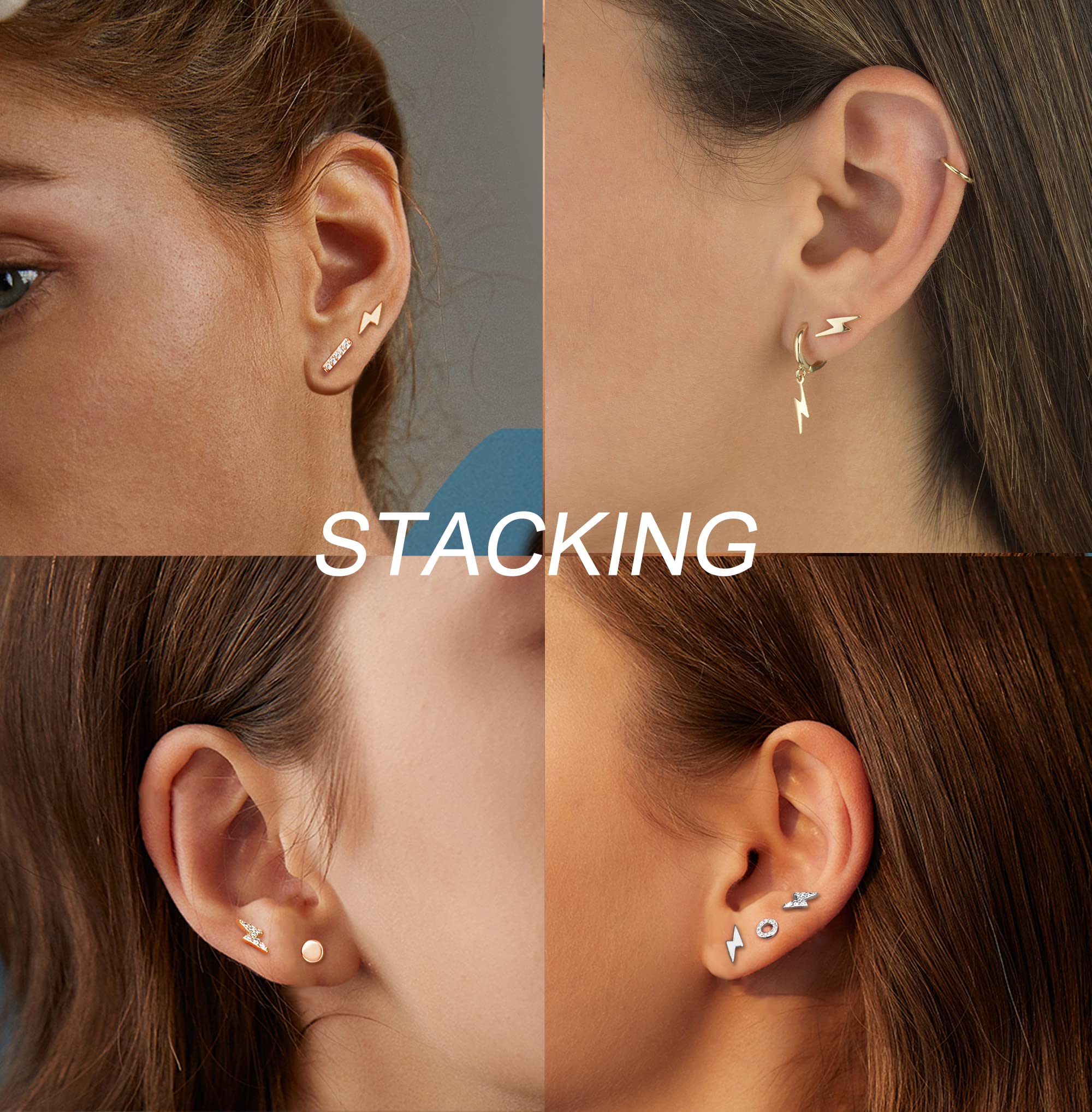 Dochais 6 Pairs Sterling Silver Stud Earrings for Women Men,14K Gold Plated Small Stud Earrings, Hypoallergenic Tiny Lightning Bolt Bar Circle CZ Stud Earrings Set