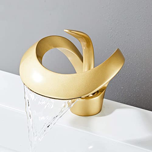Elegant Waterfall Single Handle 1-Hole Bathroom Vessel Sink Faucet Bathroom Faucet Solid Brass Bathroom Vessel Sink Faucet Vanity Sink Faucet Mixer Basin Tap cUPC Certified(Frosted Gold)