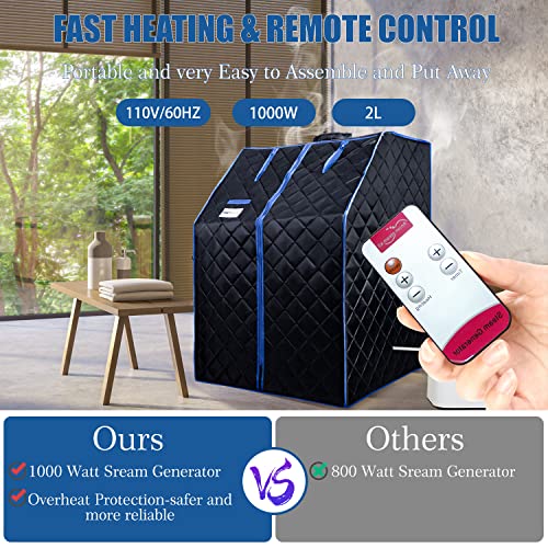 HOSAUNA Portable Steam Sauna Tent Folding Home Sauna Personal Sauna Spa with 2L Pot 1000W Nine-Speed Temperature Adjustment with Chair Remote Control for Detox Relax Indoor Sauna Black