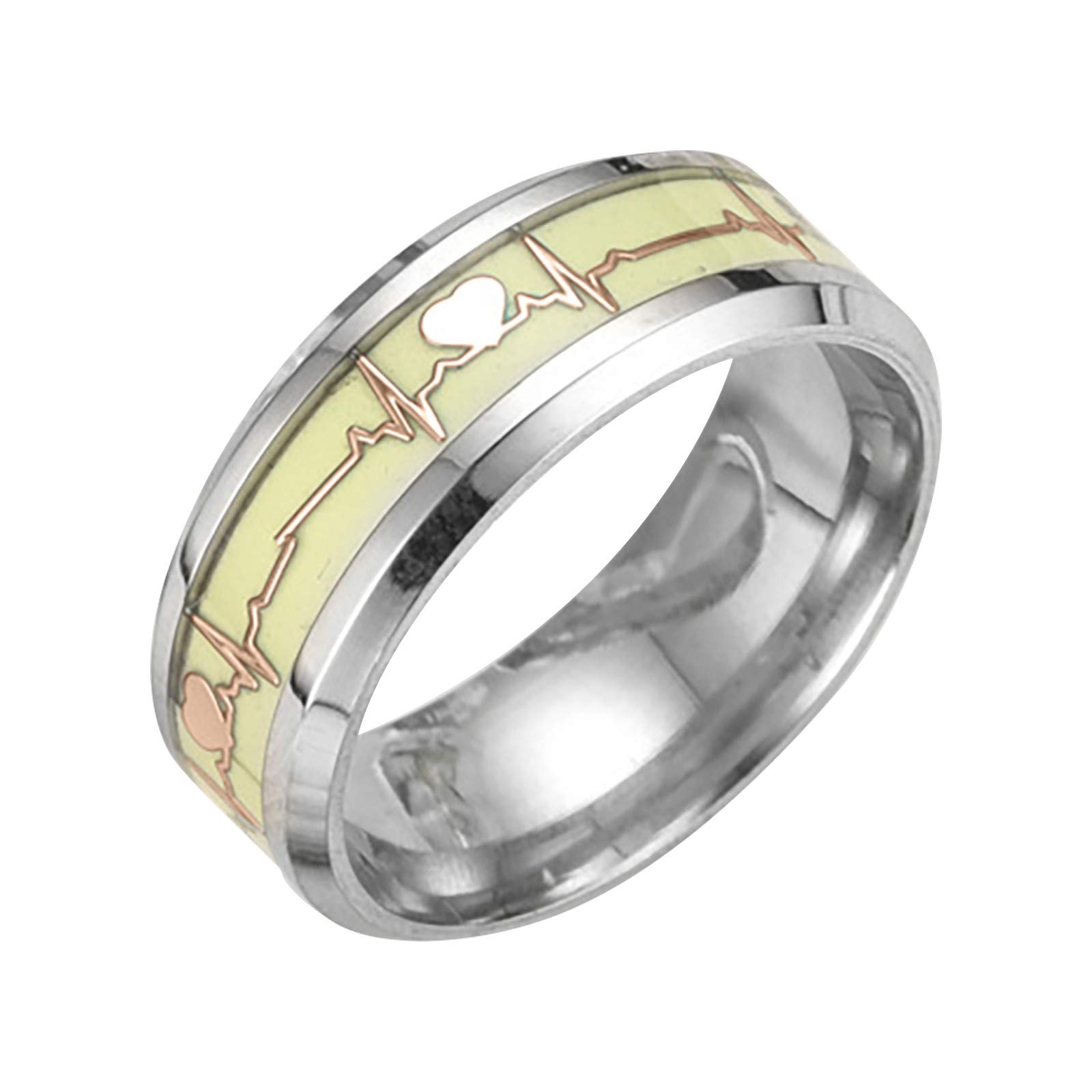 Couple Heartbeat Luminous Ring Glow in The Dark Stainless Steel Promise Ring Engagement Wedding Band for Men Women (as Show, 7)