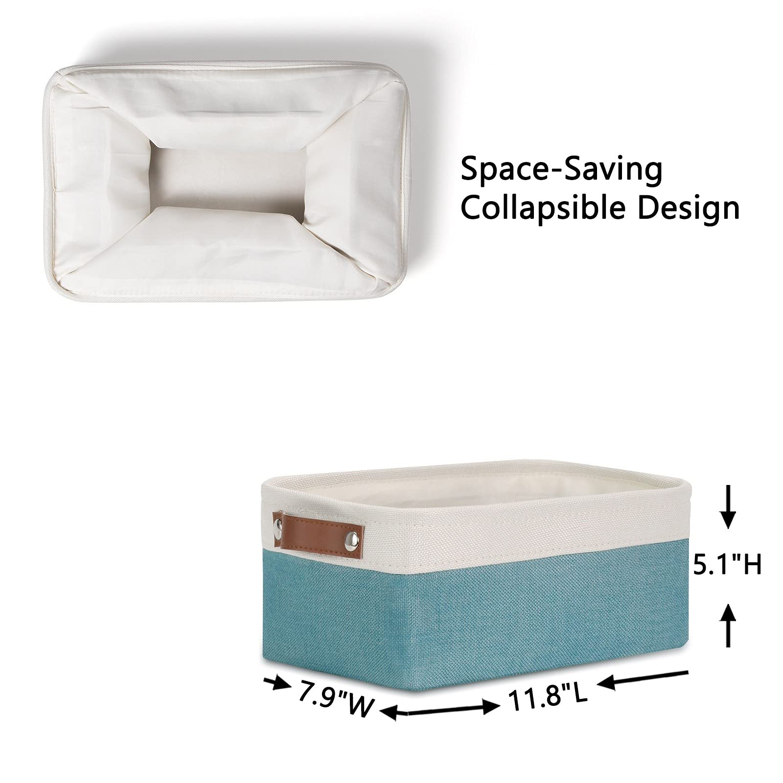 DULLEMELO Collapsible Bundle Baskets 6 Small Baskets 11.8"x7.9"x5.1" + 2 Narrow Baskets 15"x6"x5.5"(White&Teal)