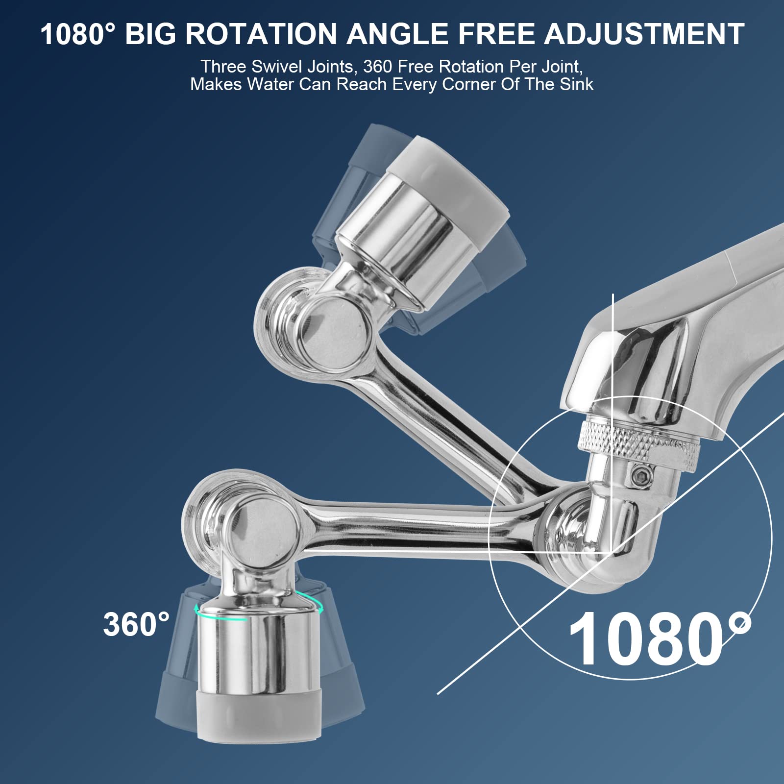 Edulnke 1080 Degree Rotating Faucet Extender,Bigger Angle 1080° Swivel Robotic Arm Extension Aerator,Multifunctional Splash Filter Extender Universal Model Kitchen/Bathroom Sink (1Pcs), Silver