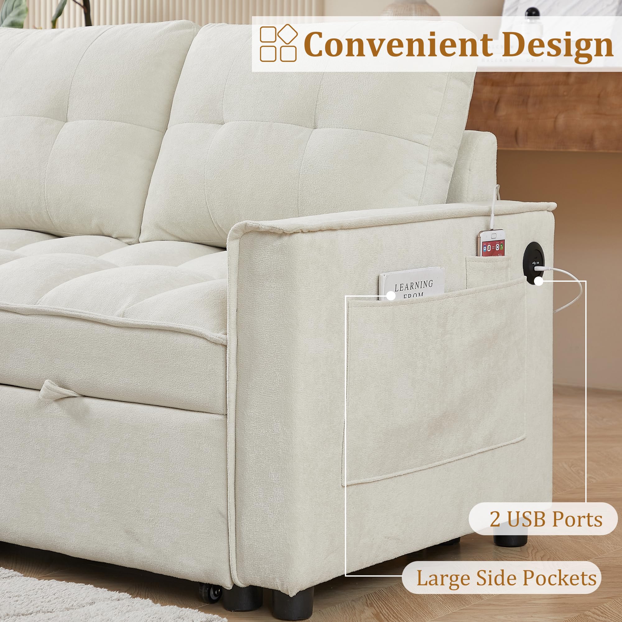 GNIXUU Sleeper Sofa Bed, 78.7" Pull-Out Couch Bed with USB and Tape-C Ports, Tufted L Shape Convertible Sectional Sofa with Storage Chaise for Living Room, Apartment, Small Spaces, Office, Beige