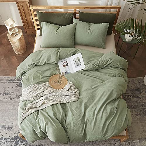 Modern Style Sage Green Duvet Cover Queen Size 100% Washed Cotton Light Green Bedding Sets Hotel Quality Solid Color Comforter Cover 1 Queen Duvet Cover with 2 Pillowcases Green Bedding Cover Set