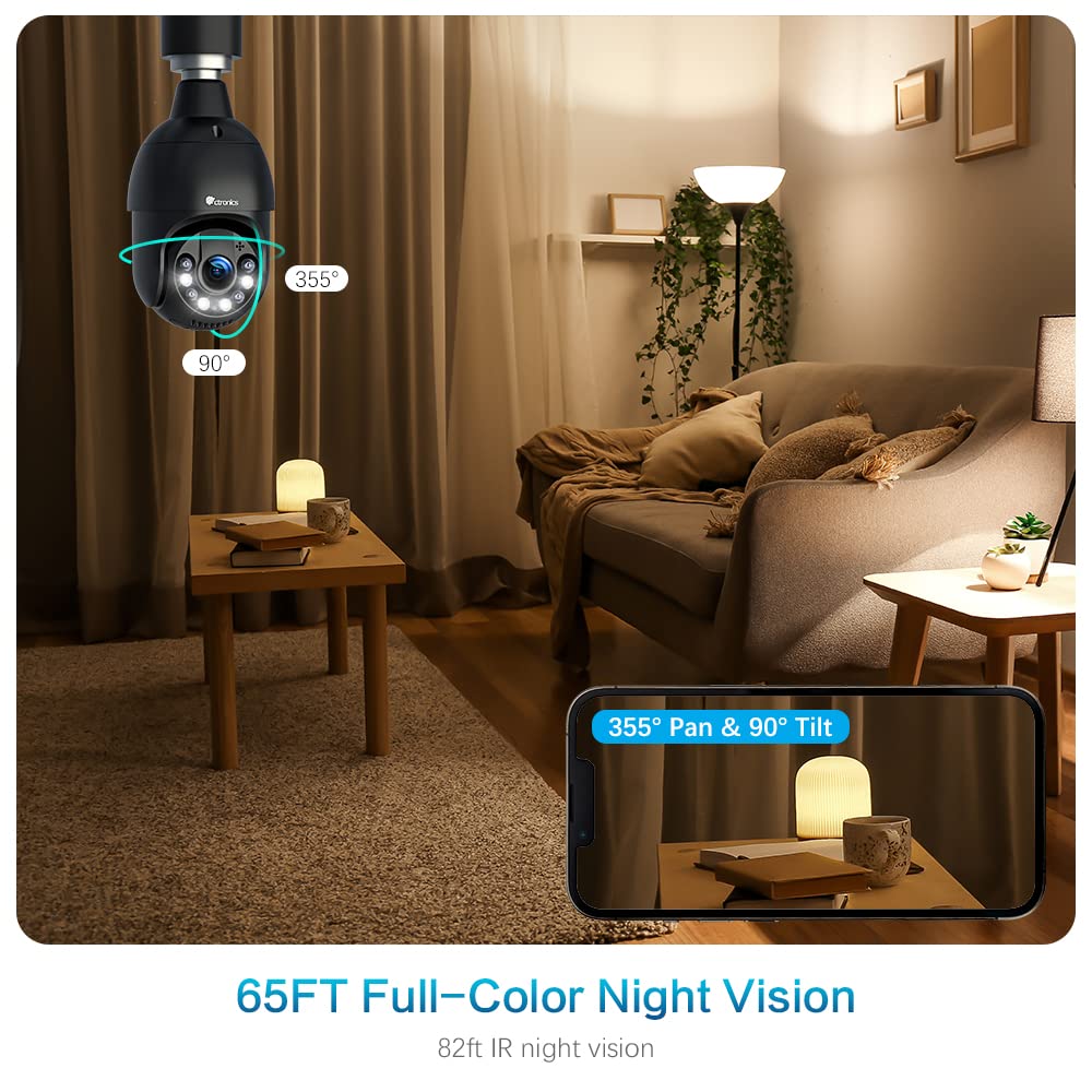 Ctronics 2.5K 4MP Light Bulb Security Camera, 2.4/5GHz WiFi Indoor/Outdoor Camera, 355° PTZ IP Surveillance Camera Wireless for Home Security, Human Detection, Auto Tracking, Color Night Vision