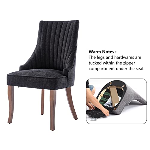 mikibama Linen Dining Chairs Set of 2 Channel Tufted Kitchen Dinner Chair Comfy Fabric Upholstered Accent Chair for Dining Room with Solid Wood Legs (Black)