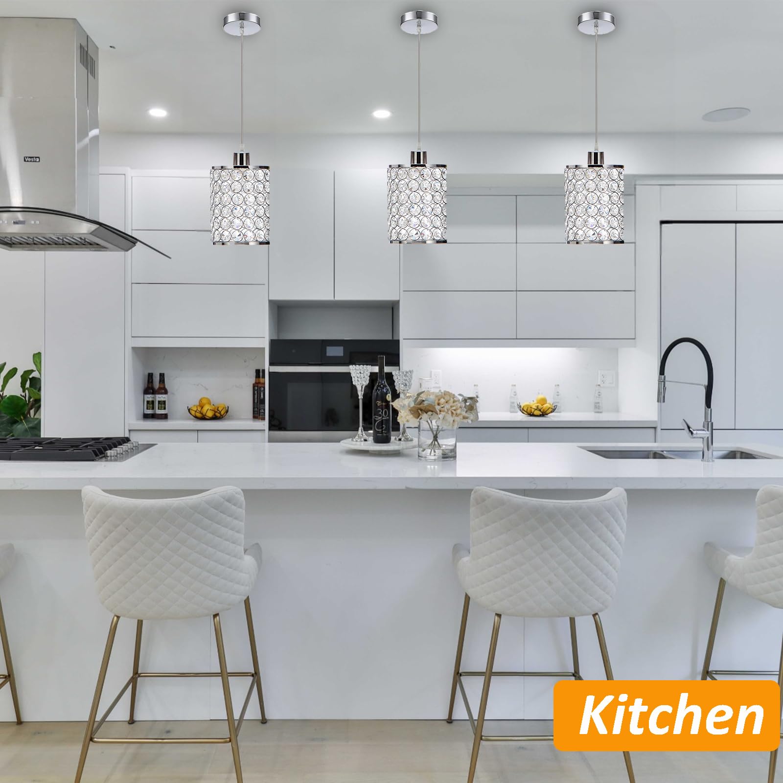 Cuaulans 3 Pack Crystal Pendant Light, Modern Chrome Kitchen Island Pendant Lighting,Cord Adjustable Bar Ceiling Hanging Lights for Kitchen Dining Room Bedroom Bar