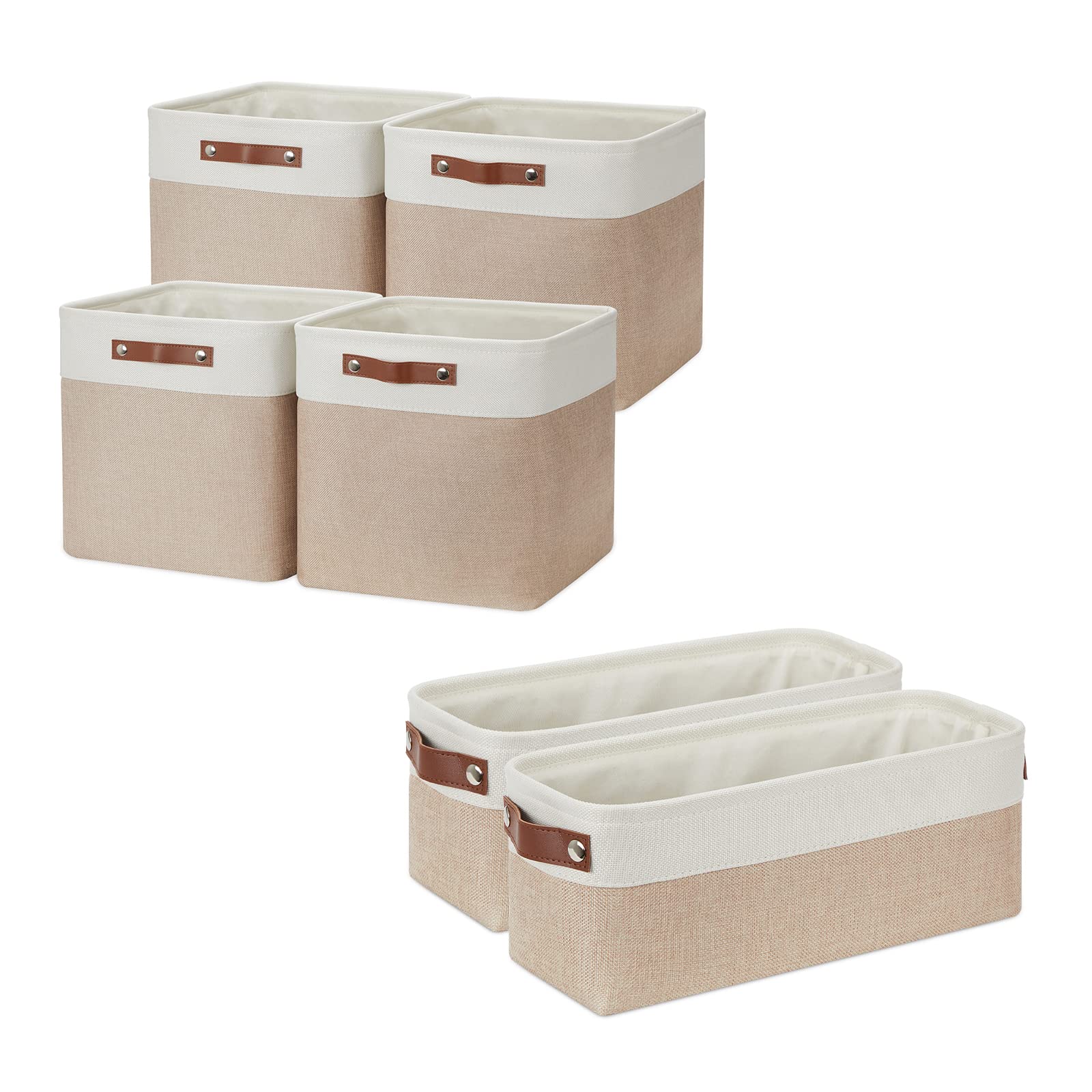 DULLEMELO Collapsible Bundle Baskets 2 Narrow Baskets 15"x6"x5.5" + 4 Cube Baskets 13"x13"x13"ďźWhite&Khaki)