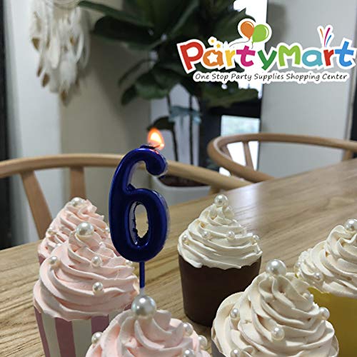PartyMart Number 6 Metallic Candle, Navy Number 6