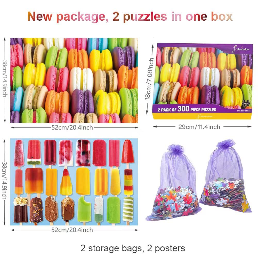 fishwisdom 300 Piece Jigsaw Puzzles Popsicles and Macarons for Adults Teens and Kids Family Happy Gift Idea (Pack of 2) (Popsicle+Macaron)