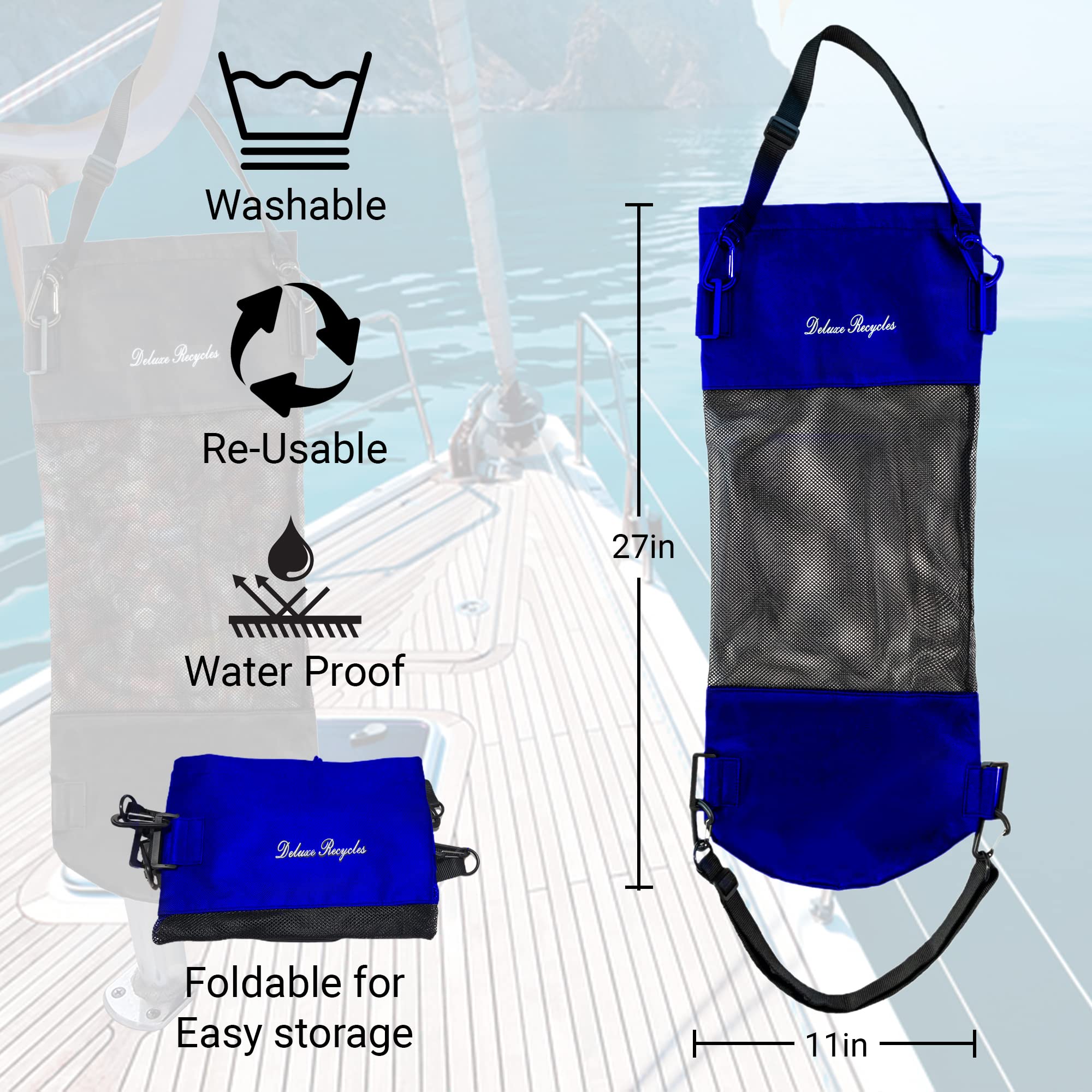 Deluxe Recycles Portable Mesh Trash Bag for Boat - Washable Leakproof Outdoor Garbage Bags for Boat, Kayak or Camper β Lightweight & Large Capacity Bin Bag (Blue)