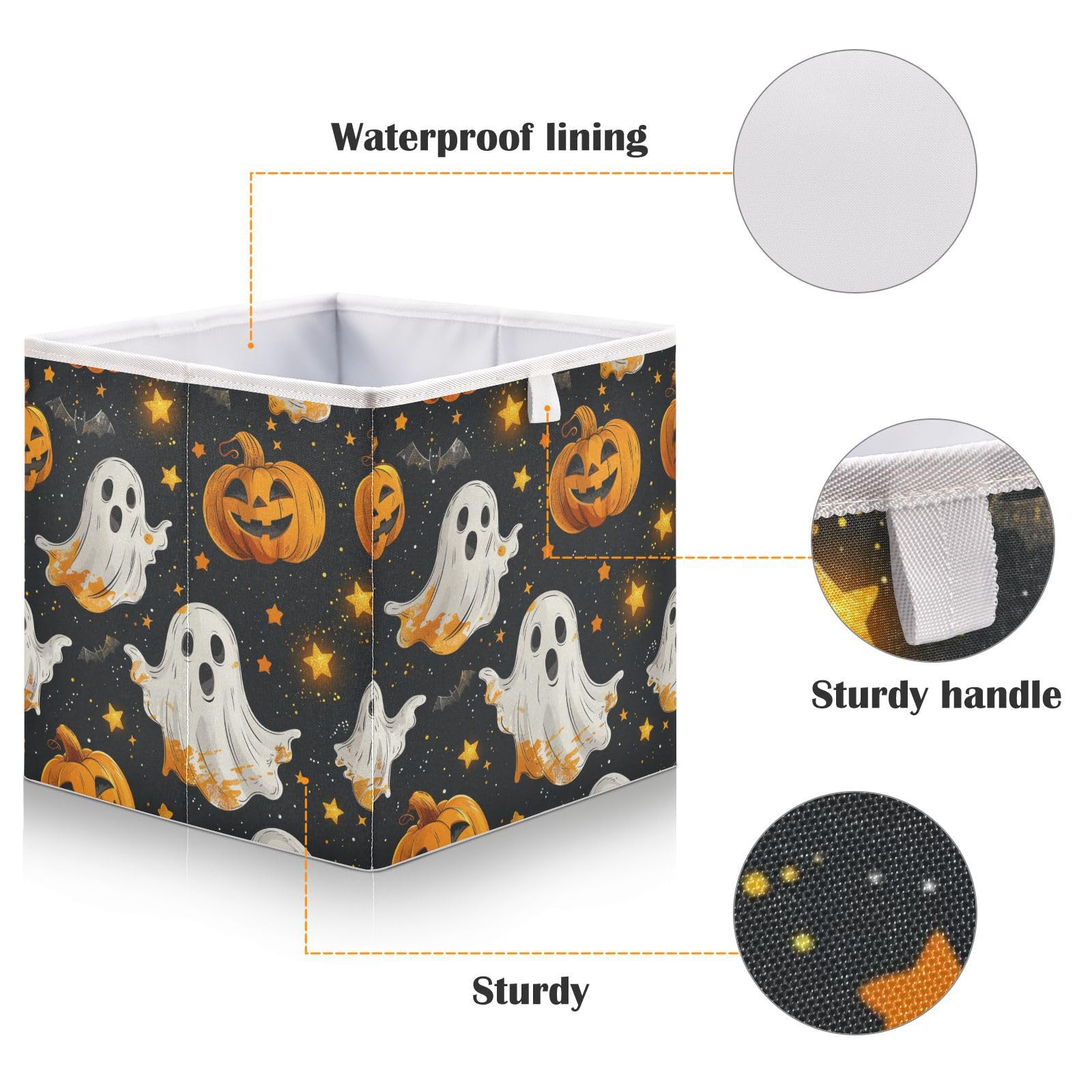 Jthubd Halloween Boo Storage Bin with Handles 11x11x11 Inch Foldable Cube Storage Basket Fabric Storage Box Closet Organizer Collapsible Toy Clothes Nursery Basket, 1 Pack