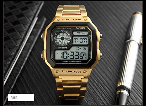 PASOY Men's Digital Multi-Function Watches Dual Time Alarm Stopwatch Countdown Backlight Waterproof Watch (Gold)