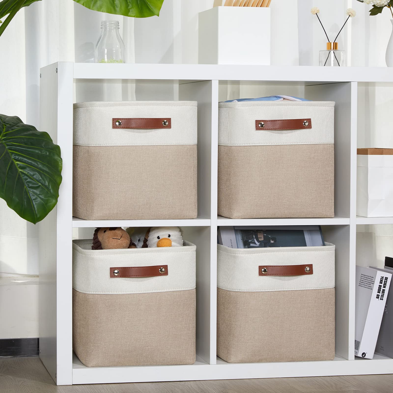 DULLEMELO Collapsible Bundle Baskets 4 Cube Baskets 11"x11"x11" + 6 Small Baskets 11.8"x7.9"x5.1"(White&Khaki)