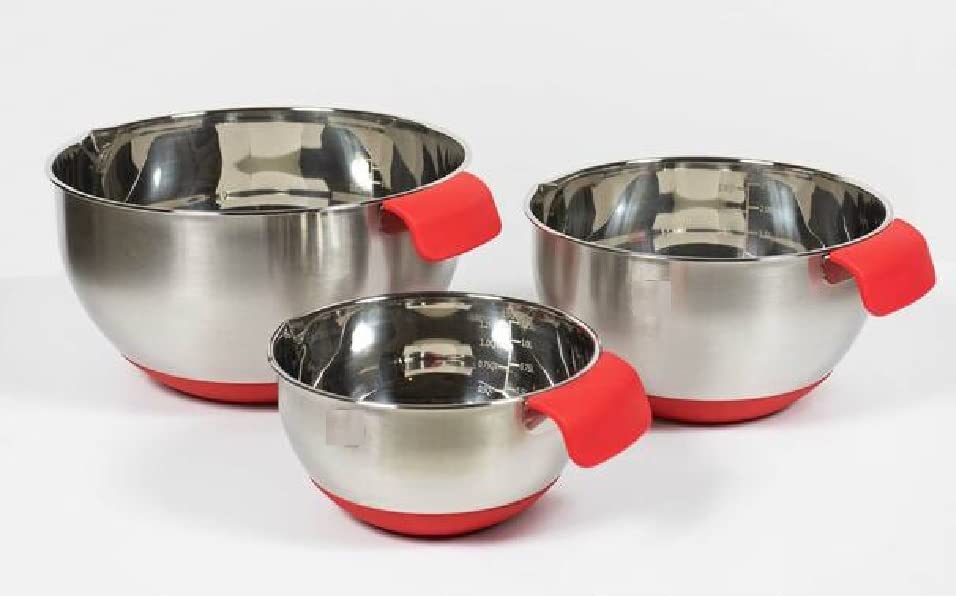 Kansara Stainless Steel Mixing Bowls, Non slip silicone base bowls with Handle, Mixing Bowl Set with Pour Spouts & Measurement Marks, Home Essentials Cooking Bowls (Size: 1QT, 2.5QT, 4QT) Red Color