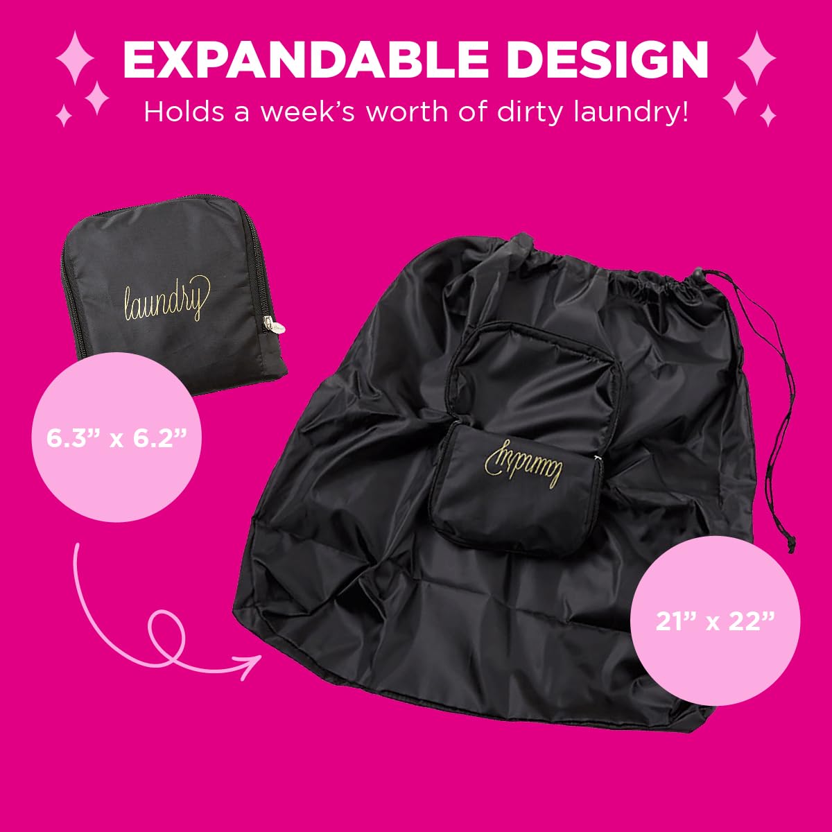 Miamica Soft Travel Laundry Bag with Zipper and Drawstring, Black & Gold, 21” x 22” – Keep Your Dirty Clothes Separate and Your Suitcase Organized – Expandable, Durable, and Foldable Laundry Bag