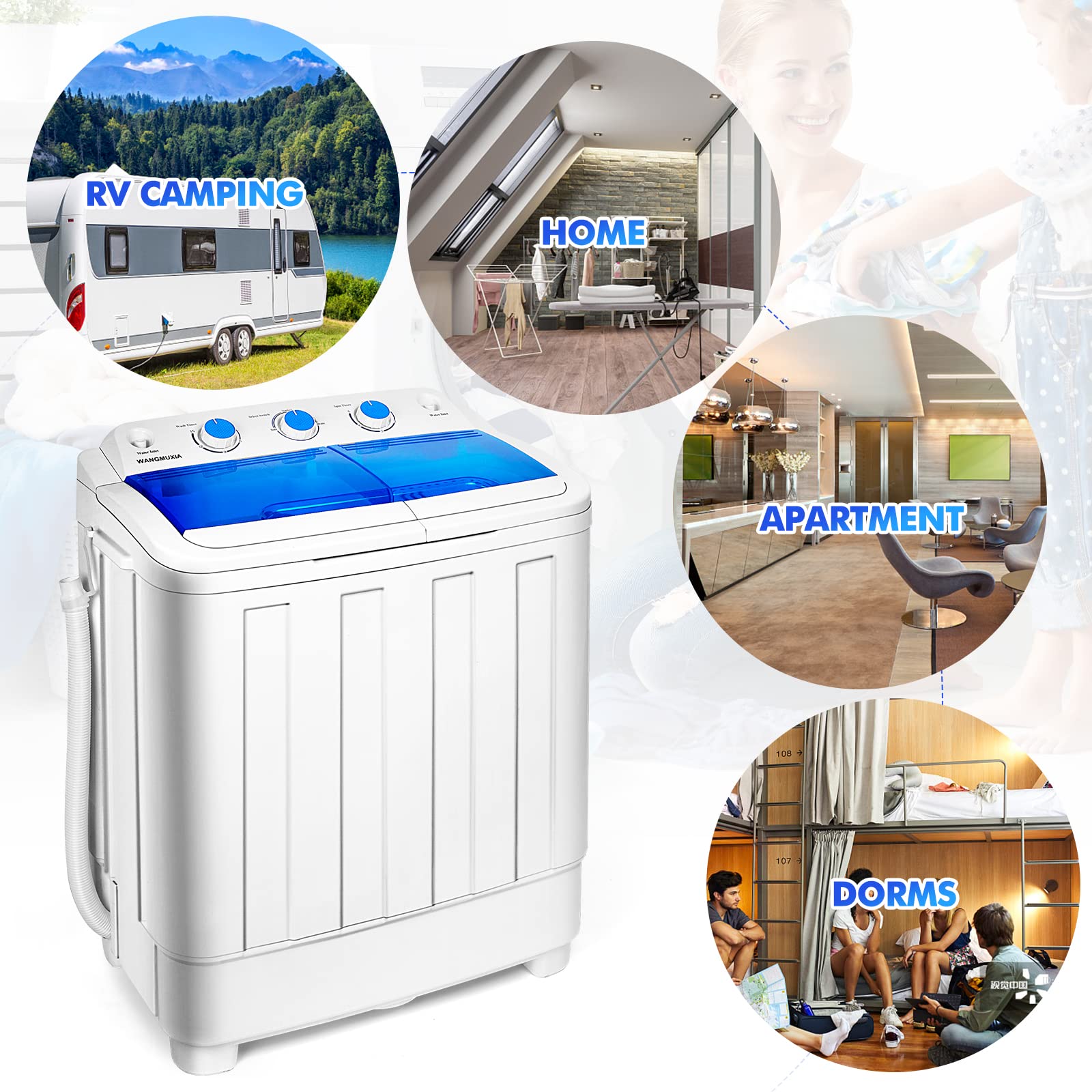 WANGMUXIA Portable Waher and Dryer, 2-in-1 Twin Tub 20lbs Capacity Washer(12lbs) and Spinner dryer(8lbs) Built-in Drain Pump,Timer Function, Apartments, Dorms, College Rooms, RV’s and more