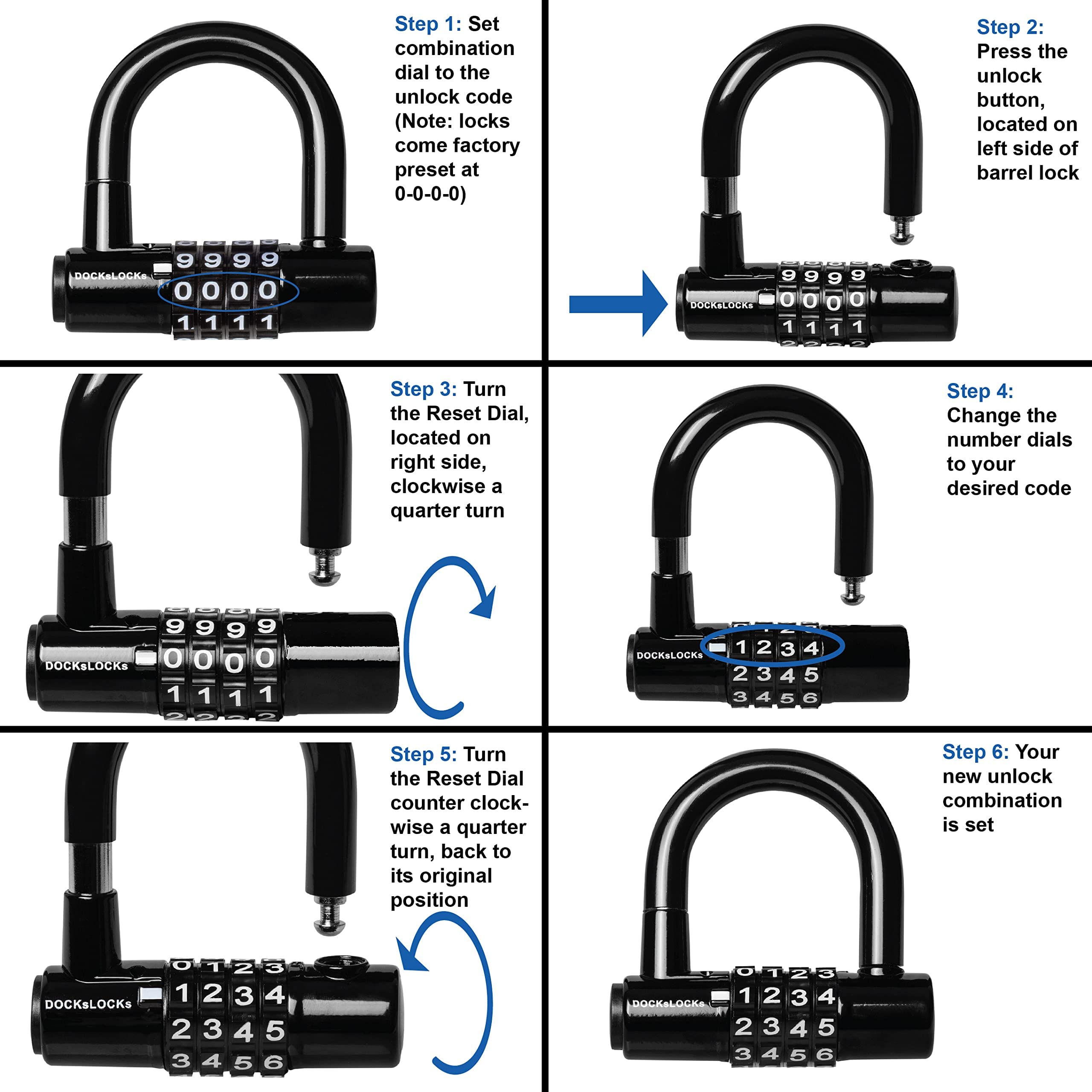DocksLocks Security Cable Lock Set (5' to 25') Looped Ends, Weatherproof, Keyless Compact U-Lock with Combination, Anti-Theft for Bikes, Equipment 5ft