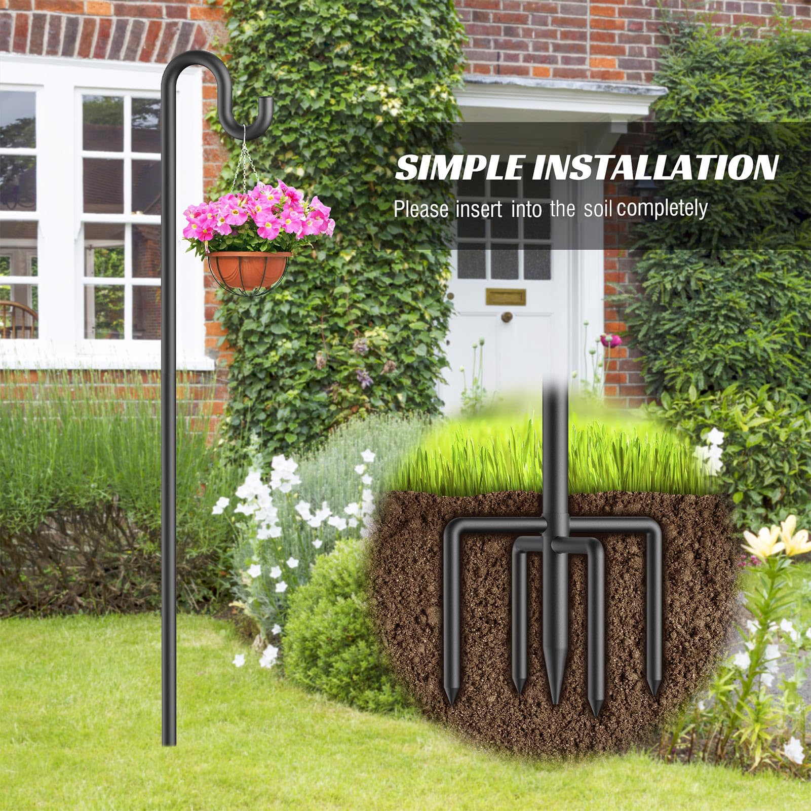 Forlogic Bird Feeder Pole 76 Inches Shepherd Hooks for Outdoor, Heavy Duty Bird Feeder Pole for Garden Decor, Black Shepherd Stand for Plant Baskets Wind Chime with 5 Base Prongs