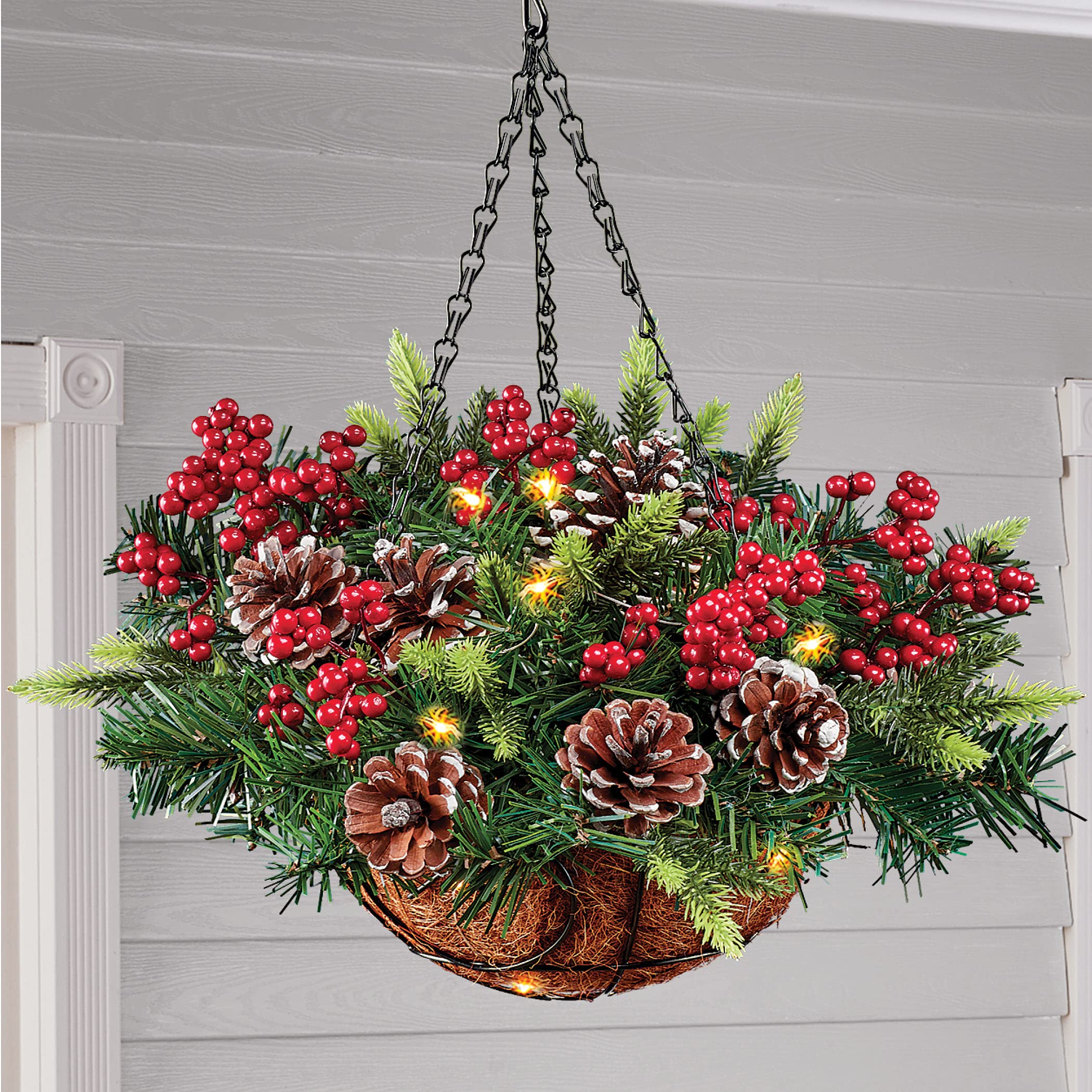 Collections Etc Lighted Faux Pine Arrangement Hanging Basket with 6-hr Timer - Berries and Pinecone Accents - Holiday Decoration