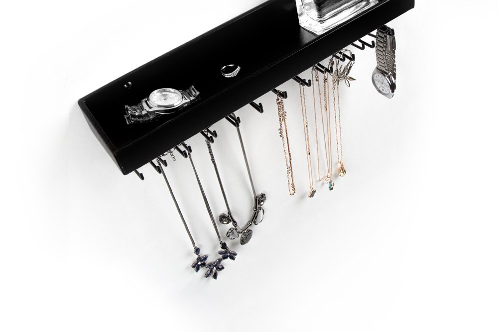 J JACKCUBE DESIGN Jewelry Organizer Necklace Holder with 23 Hooks, Wall Mounted Necklaces Bracelet Earrings Ring Holder Hanger with Shelf (Black, 14.37 x 2.95 x 3.86 inches) - MK208A