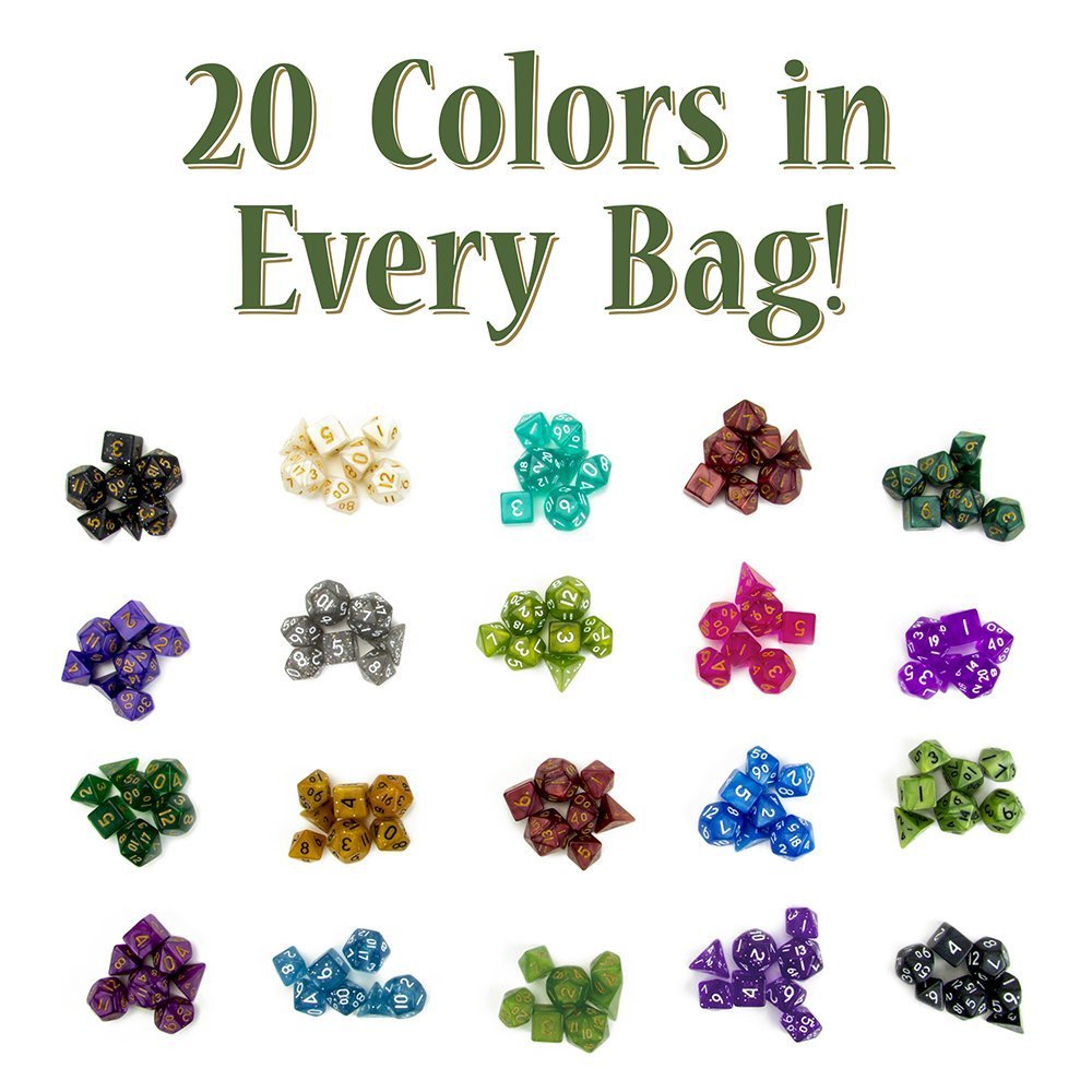 Wiz Dice Mini DND Dice Set - 140 Pieces Total (20 Sets of 7 Dice in Unique Colors) & Storage D&D Bag-Polyhedral Role Playing Dice - Perfect DND Accessories for TTRPG Dice - Hafling's Haversack