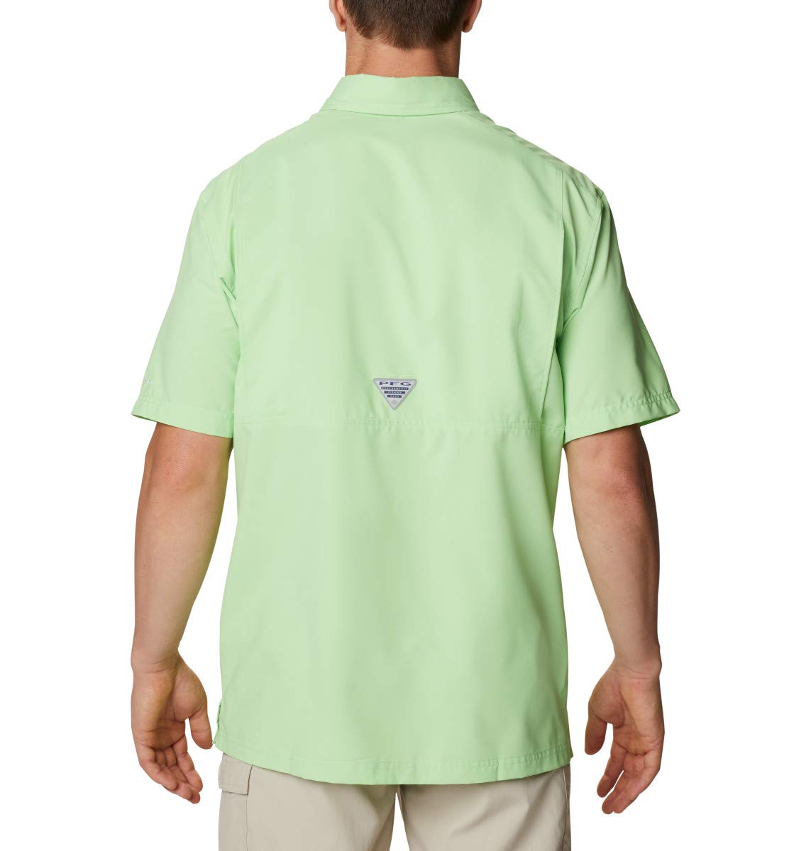 Columbia Men's PFG Grander Marlin Woven Short Sleeve Shirt, Moisture Wicking, Sun Protection, Lime Glow, Medium