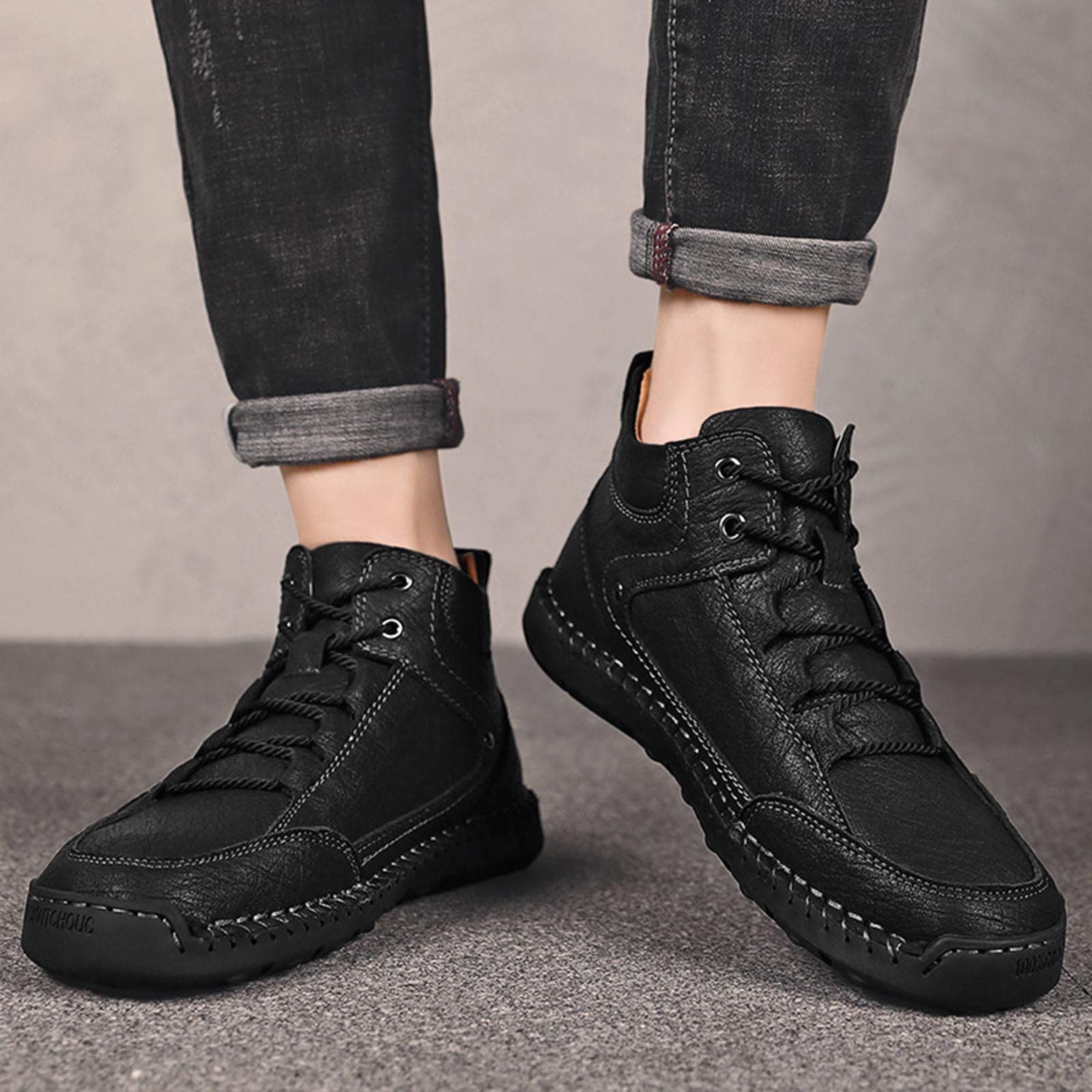 FASDNENDYS 2022 New Large Size Border Handmade Retro Stitched Leather Comfortable Casual Shoes Mens Wide Slip on Shoes Black