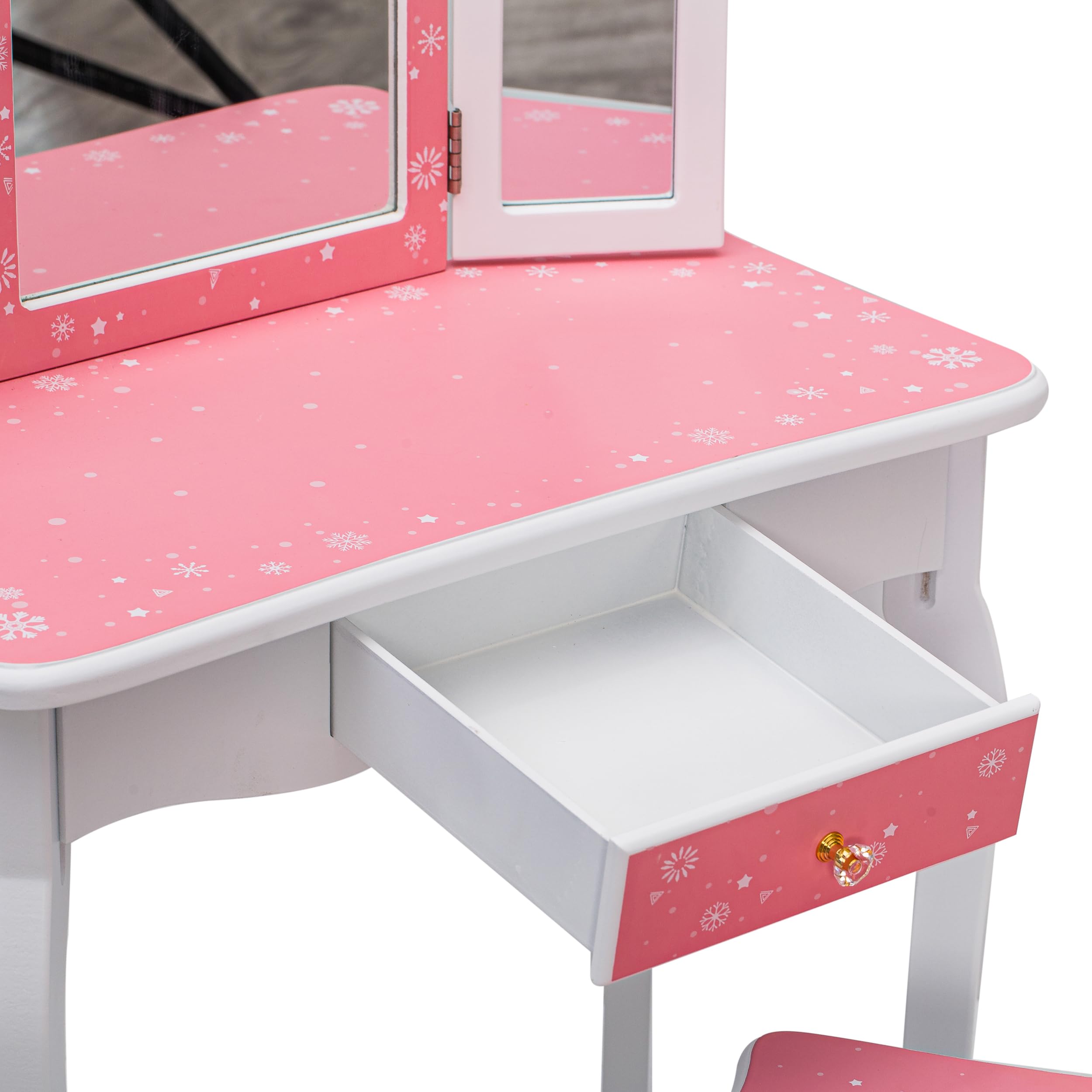 LIZHOUMIL 2-in-1 Princess Makeup Table for Kids - Vanity Set with Mirror, Stool, Tri-Folding Mirror & Drawer - Wooden Pretend Play Dressing Table for Toddler Girls