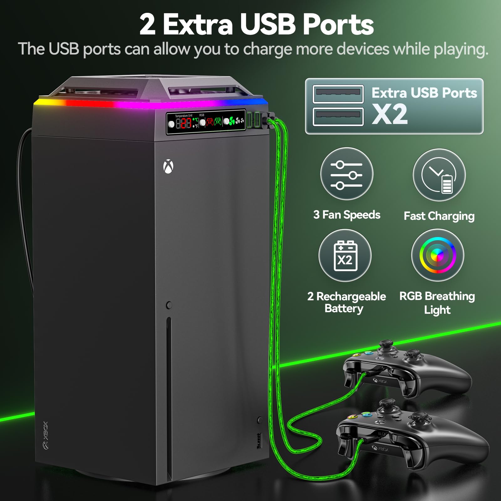 Cooling Fan for Xbox Series X Console with RGB Light, Charger Station with 2 x 2640 mWh Rechargeable Battery Packs for Xbox Series/One-X/S/Elite Controller, Xbox Series X Fan with 3 Gear, TEMP Display