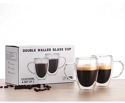 Douria Double Walled Glass Coffee Mugs, Clear Espresso Cups, Coffee tea Mugs Set, Iced Coffee Cup, Glass Mugs for Hot Beverages, Premium Glasses Set, Each 350ml (12Ounces./Set of 2)