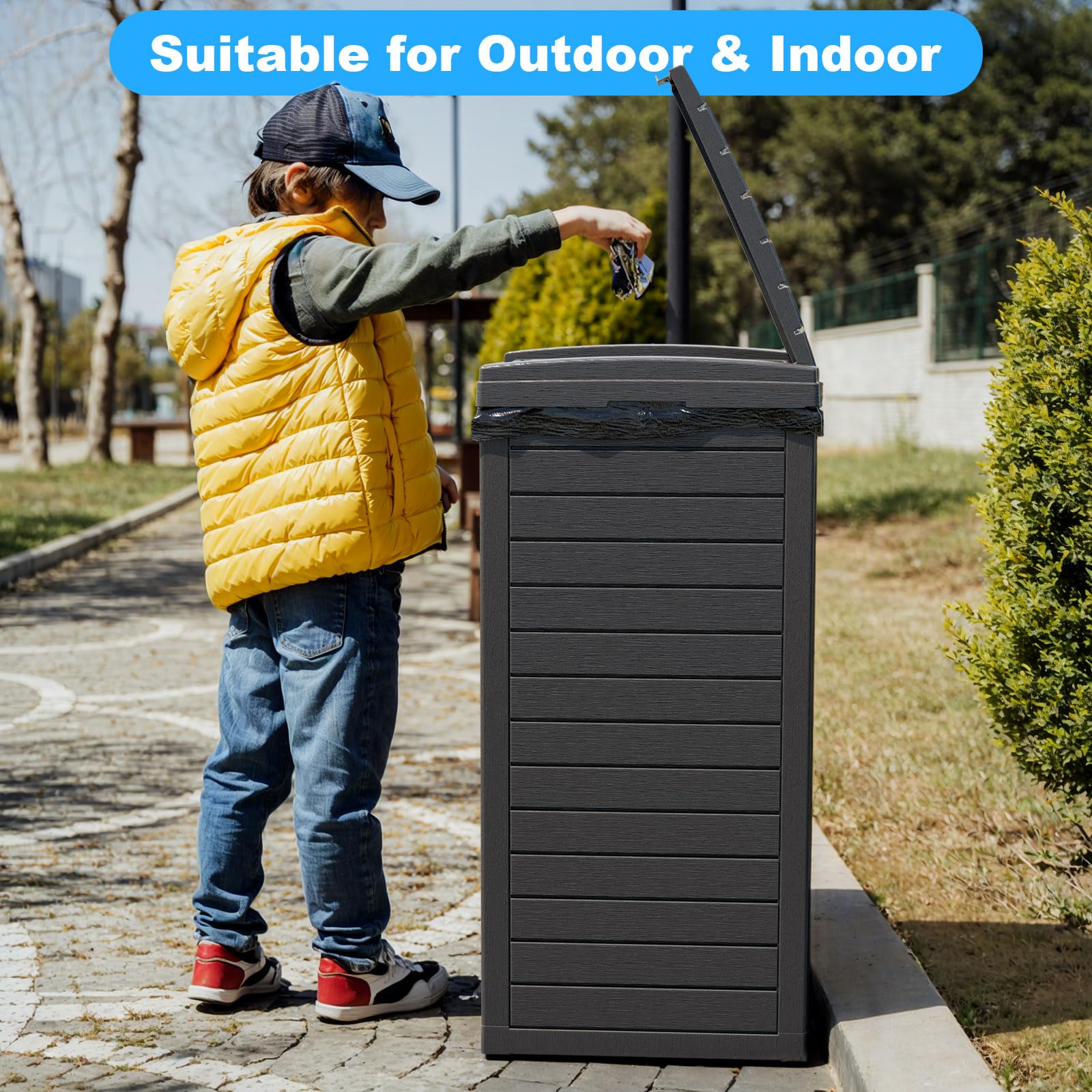 MAIUSCOLI Outdoor Trash Can with Lid, Outdoor Trash Bin & Pull-Out Liquid Drawer, Dual Lid Closure Design, Waterproof Resin Garbage Can Container for Patio, Backyard, Deck (Black, 31)