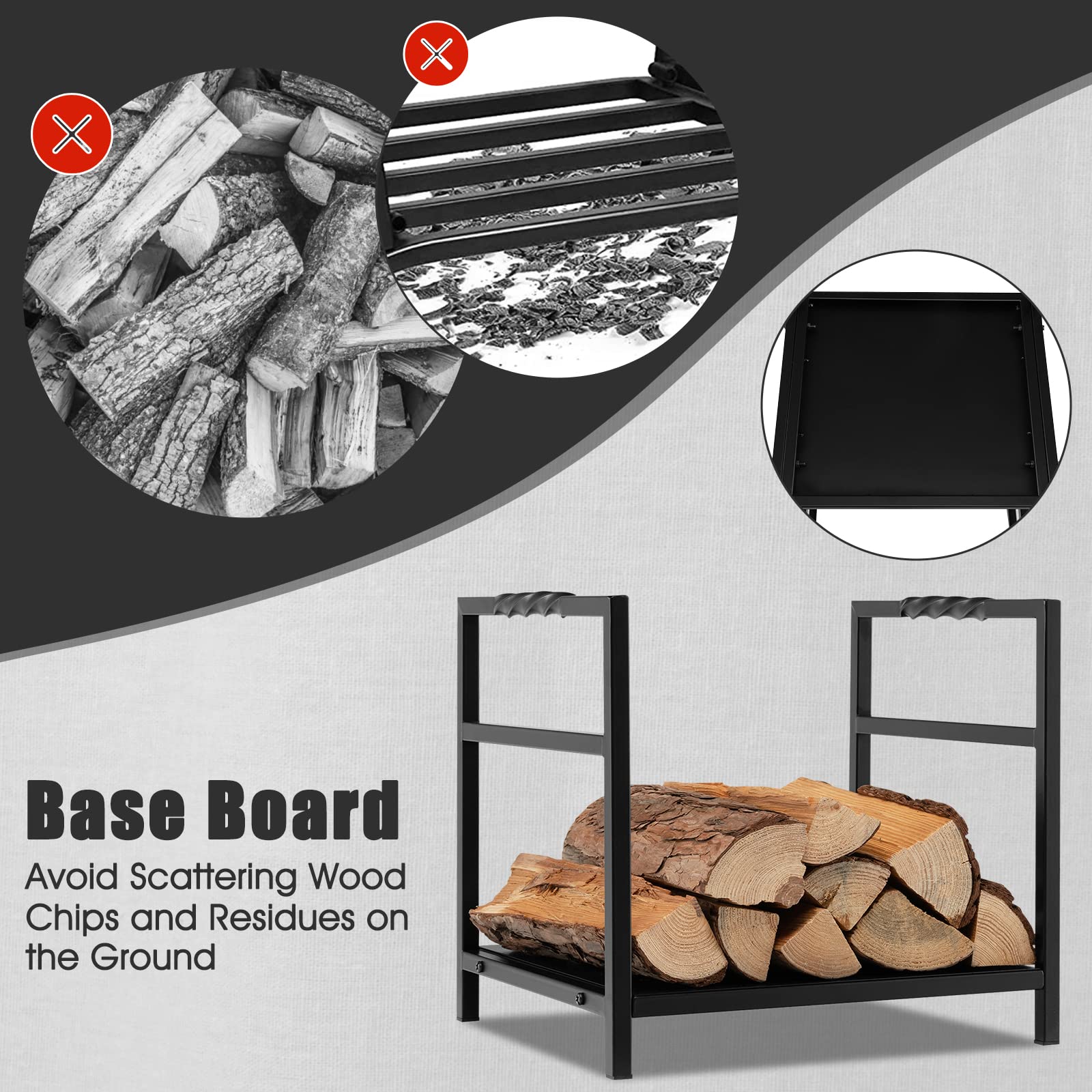 Goplus 16 Inch Small Firewood Rack, Indoor Outdoor Decorative Firewood Log Holder with Easy-to-Grab Handle & Raised Base, Heavy Duty Steel Wood Storage Stacker for Fireplace Fire Pit Fire Stove Patio