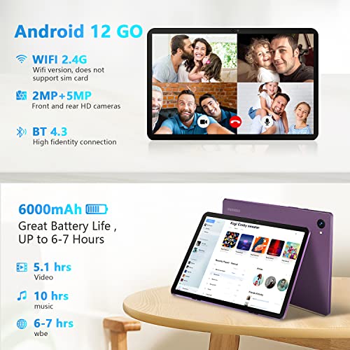 DUODUOGO 2023 New Android 12 Tablet, Android Tablet 10 inch, 4GB + 64GB + 128GB Expand, Quad-Core Processor, 1280 * 800 HD Display, 6000mAh, WiFi Tablet/Dual Camera/Bluetooth/Tablet PC-Purple