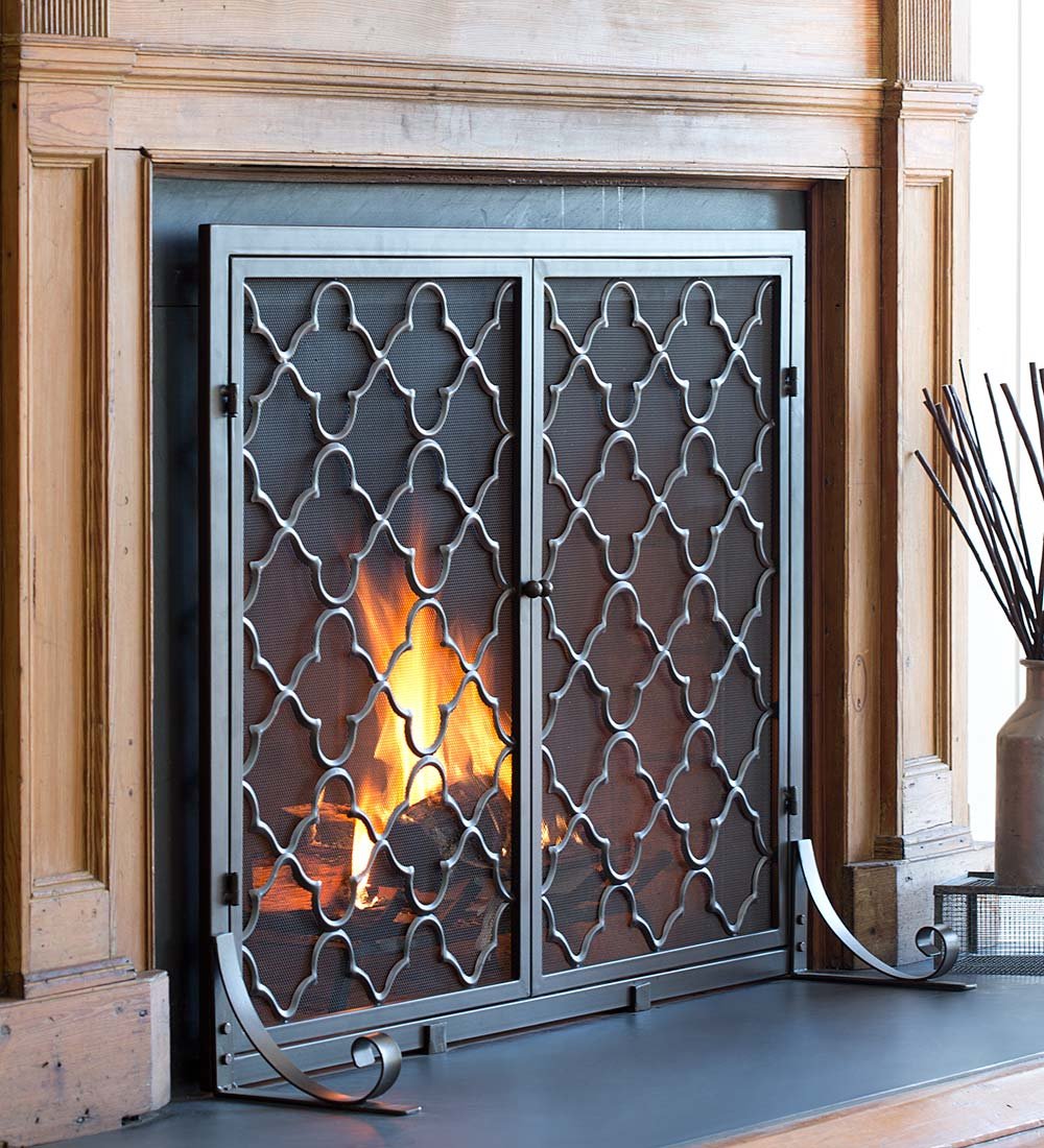 Plow & Hearth Metal Fireplace Screen Geometric Bronze | 44" W x 33" H | 2 - Door | Spark Guard Indoor Grate | Iron Fire Place Cover | Wood Burning Stove Decorative Accessories