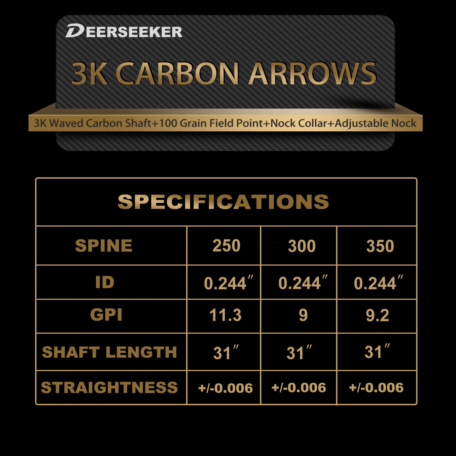 Deerseeker Archery 31inch Compound Hunting Arrows Carbon Weave with Removable Tips for Recurve Bow Traditional Longbows Target Shooting Practice 6-Pack Spine 300