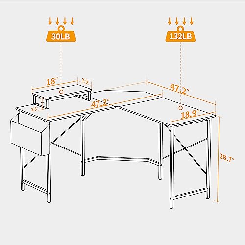 CubiCubi L Shaped Gaming Desk, 47.2 inch Computer Corner Desk with with Carbon Fiber Surface and Monitor Shelf for Home Office Study Writing Workstation, Black