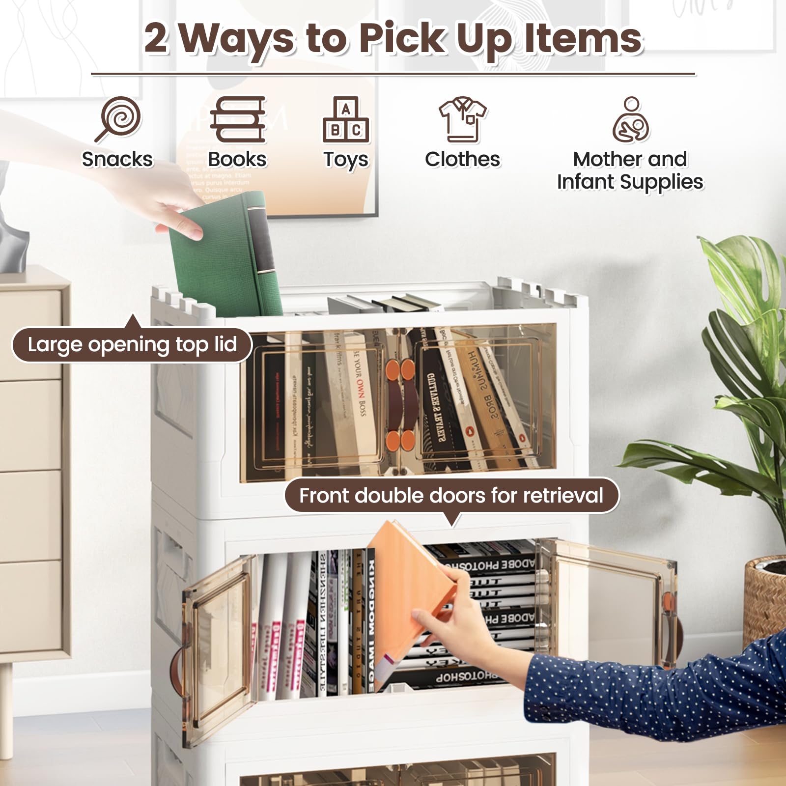 LOKO 50 Gal Stackable Storage Bins with Lids, 3-Pack Folding PP Home Organizer with Lockable Wheels, Collapsible Floor-standing Storage Box with Doors, for Living Room, Bedroom, Closet