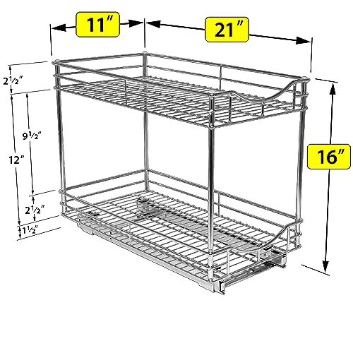 LYNK PROFESSIONALĀ® Pull Out Cabinet Organizer (Double) Slide Out Drawers for Kitchen Cabinets - Lifetime Limited Warranty - Sliding Pantry Shelves - Roll Out Shelf for Pots, Pans - 11"D x 21"W Chrome