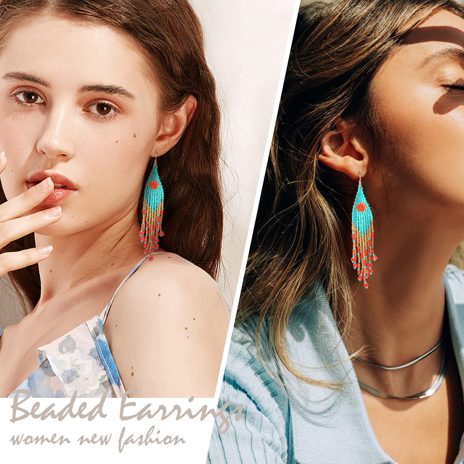 DoreenBow Long Beaded Tassel Light Blue Earrings Boho Hoop Beaded Dangle Earrings Handmade Seed Bead Earrings Fringe Drop Earrings for Women and Girls