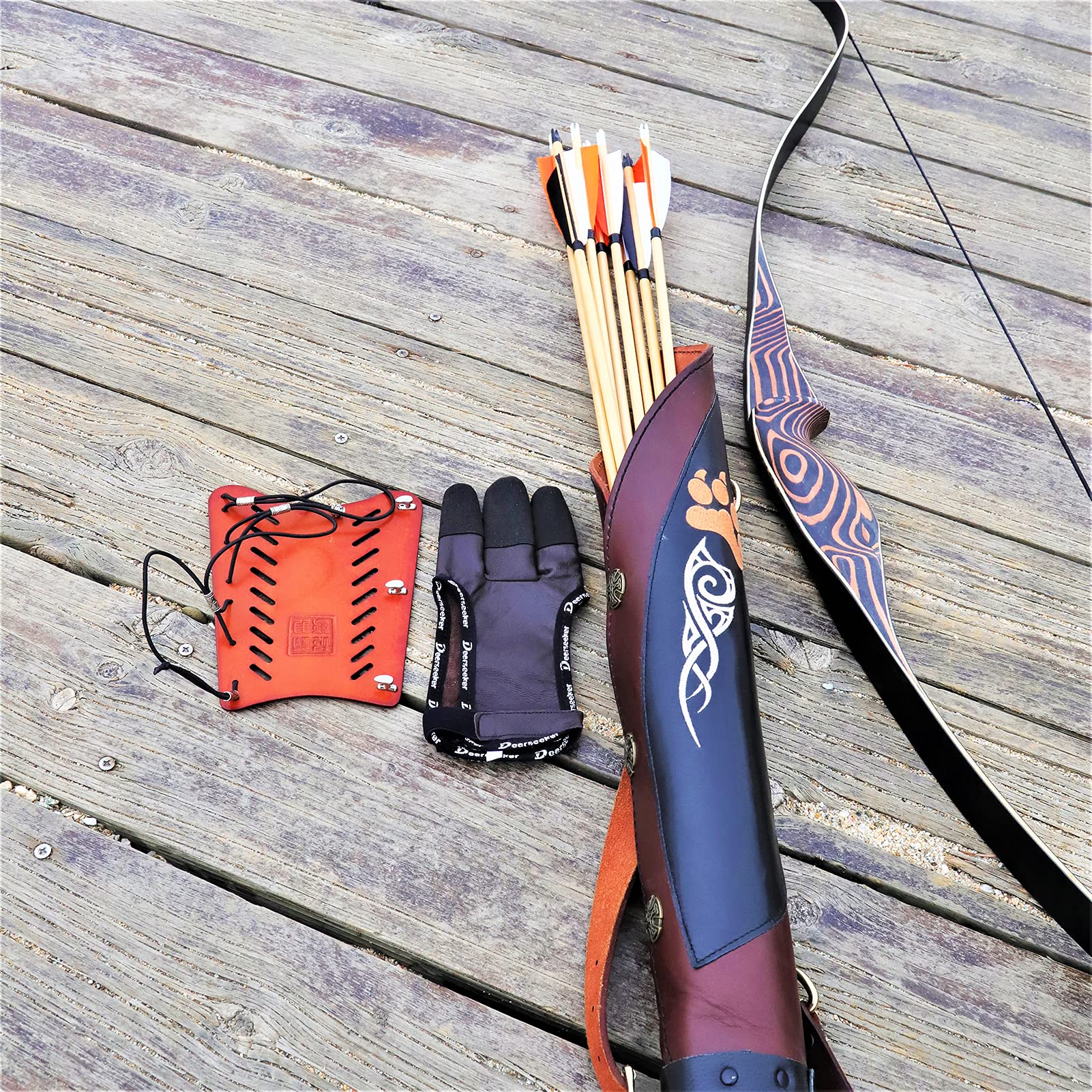 Deerseeker Archery Glove Handmade Leather Three Fingers Protective Archery Accessories Finger Tab for Takedown Recurve Bow Traditional Bows with LH/RH for Youth & Adult Beginners (Medium)