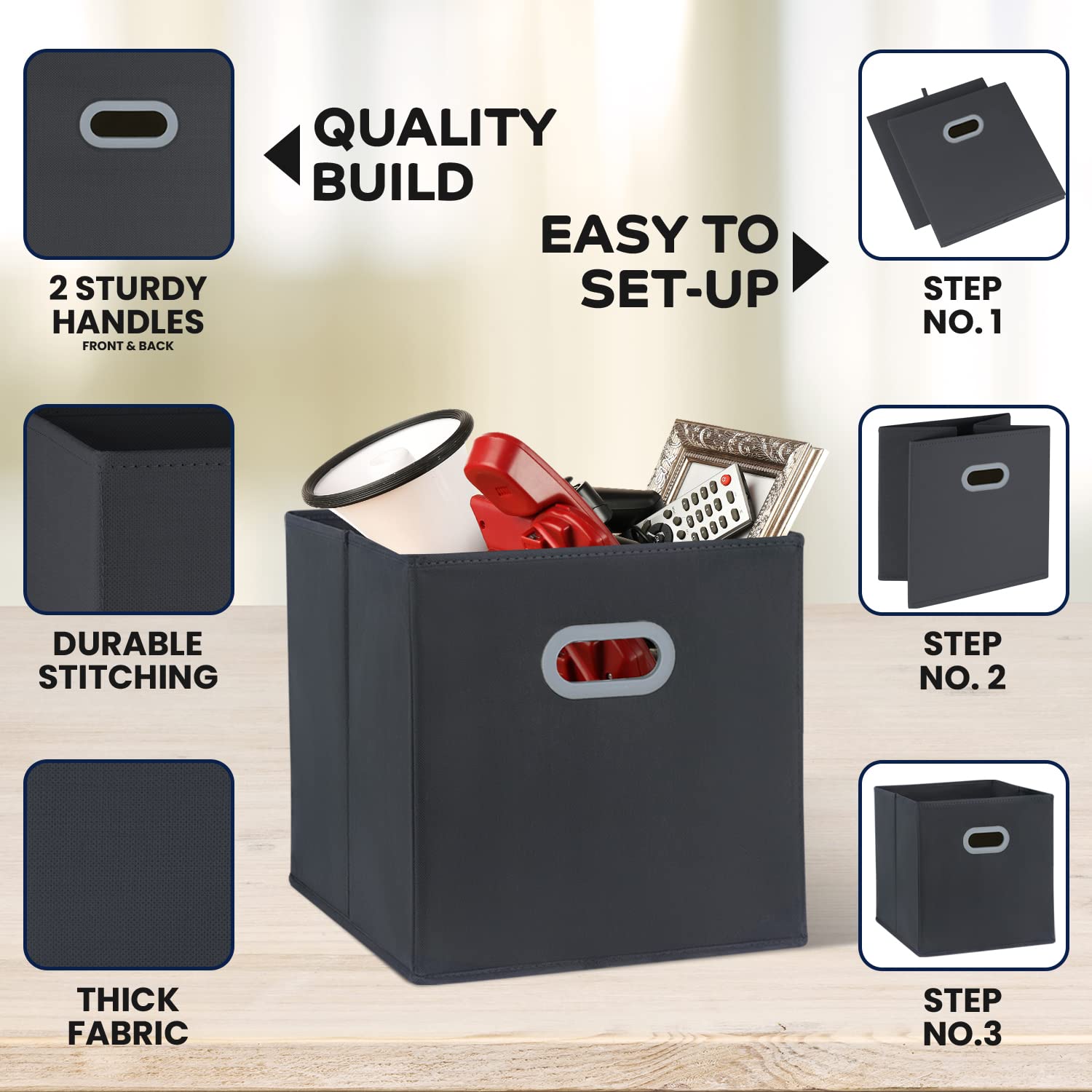 Pomatree 13x13x13 Storage Cube Bins - 6 Pack | Large and Sturdy, Dual Plastic Handles | Cube Storage Bins | Foldable, Closet and Storage Fabric Bin Baskets | Home and Office Organizers (Dark Grey)