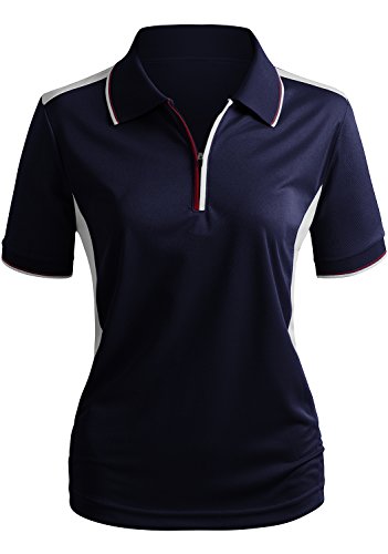 CLOVERY Golf Wear Moisture Wicking Short Sleeve Zipup Polo Shirt Navy Medium