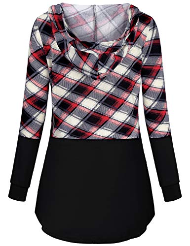 Miusey Knit Hoodie Women,Long Sleeve V Neck Plaid Patchwork Hoodie Polyester Form Fitting Thin Sweatshirt Decorative Wooden Buttons Pocket Fashion Sweaters for Women Black M