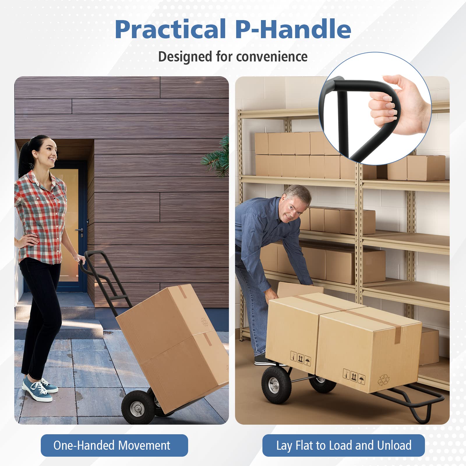 Goplus Hand Truck, P-Handle Hand Truck Dolly w/Vertical Loop Handle, 10β Pneumatic Rubber Wheels, 15βx 8β Foldable Nose Plate, 660LBS Capacity, Heavy Duty Metal Dolly Cart for Lifting, Stairs (Black)