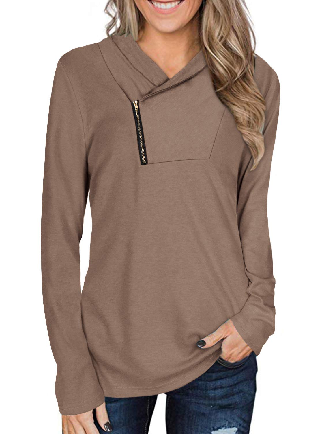 Cyanstyle Womens Casual Long Sleeve Cowl Neck Zip Lightweight Pullover Tunic Sweatshirt Tops Brown Small