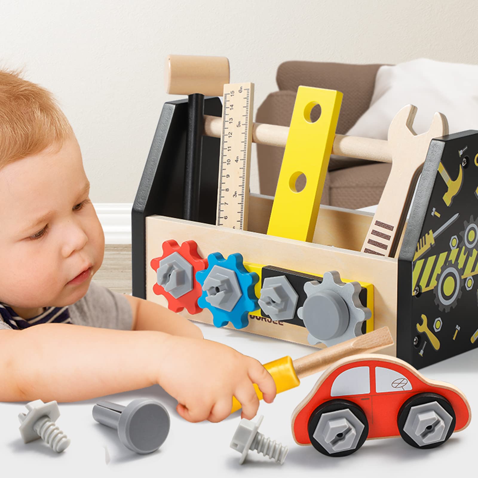 Dorjee Kids Kitchen Tool Set with Accessories, Wooden Toy Tools for Toddler Age 3-5 Pretend Play, Take-Along Construction Toys for Preschool Learning Activities, Easy to Organizer and Storage,Black