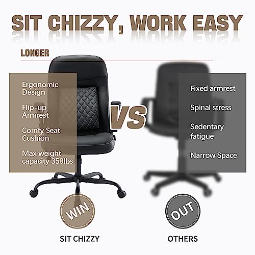 chizzysit Ergonomic Executive Office Chair with Airbag Lumbar Support,Comfortable Leather Office Desk Chair with Flip-up Arms,Computer Desk Chairs with Wheels,Home Office Desk Chairs