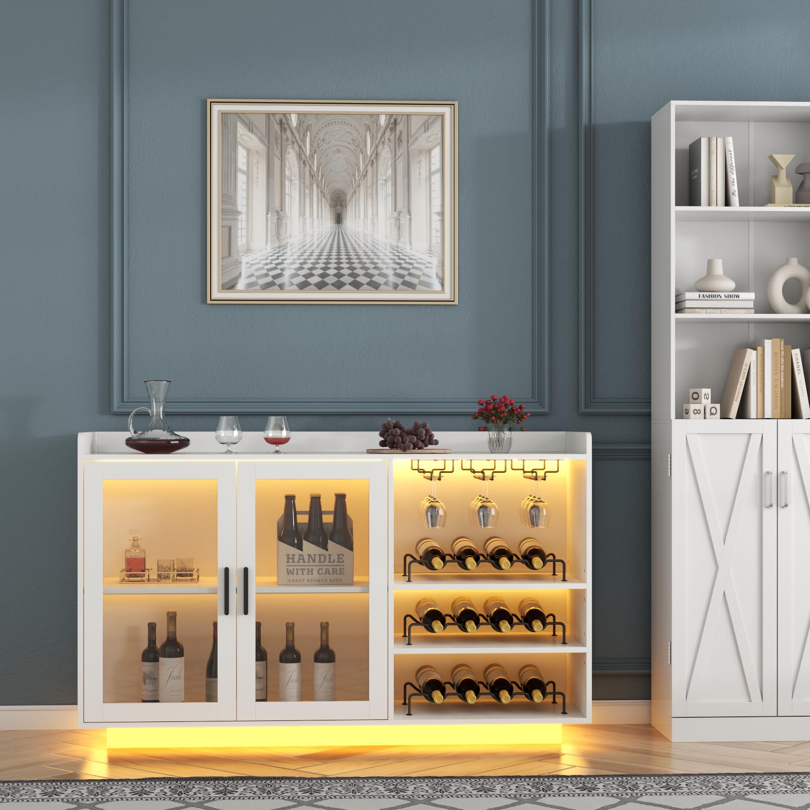 Loomie Wine Bar Cabinet with LED Lights, Floating Coffee Bar with Glass Rack and Removable Wine Racks, Modern Buffet Sideboard with Storage Shelves, Kithchen Bar with Glass Cabinet Doors, Black